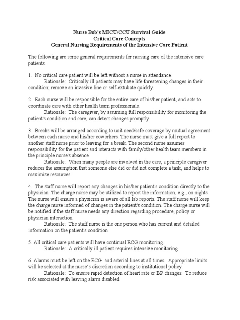 Nurse Bob's MICU/CCU Survival Guide Critical Care Concepts General ...