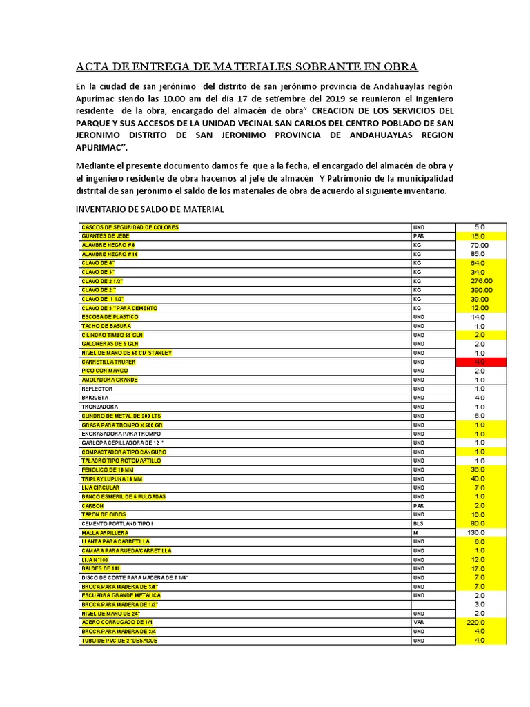 Acta de Entrega de Materiales Sobrante en Obra | PDF | Carpintería ...