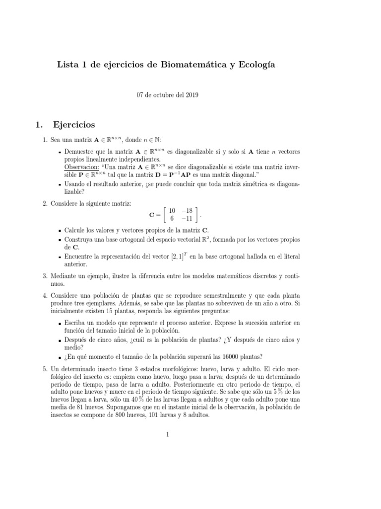 Lista 1 de Ejercicios de Biomatemática y Ecología | PDF | Espacio vectorial | Matriz (Matemáticas)