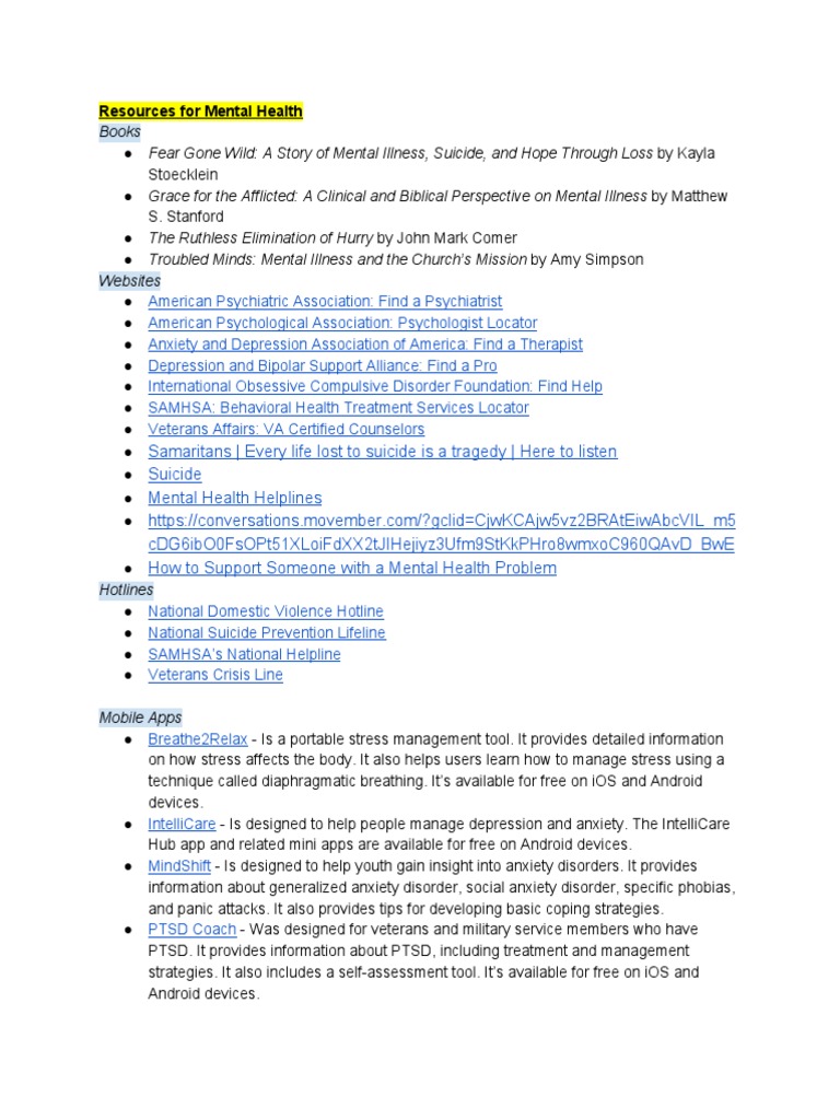 Books: Resources For Mental Health | PDF | Mental Disorder | Anxiety ...