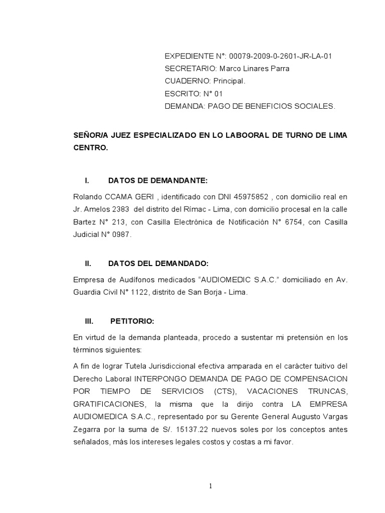 Demanda de Beneficios Sociales | PDF | Demanda judicial | Derecho laboral