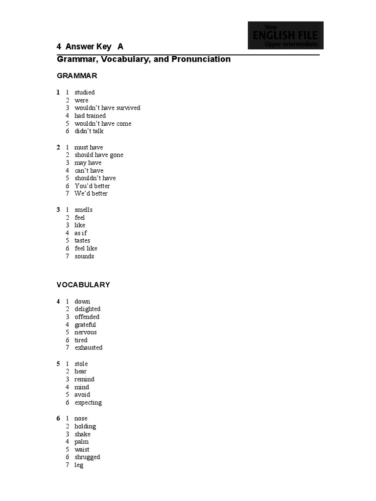 Answer Key for Grammar and Vocabulary | PDF | Speech | Vocabulary