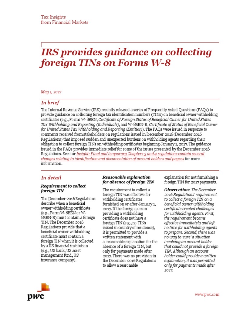 Irs Provides Guidance On Collecting Foreign Tins On Forms W-8 | PDF ...