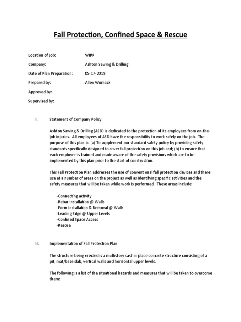 Fall Protection-Confined Space & Rescue Plan - Ashton 2019 | PDF ...