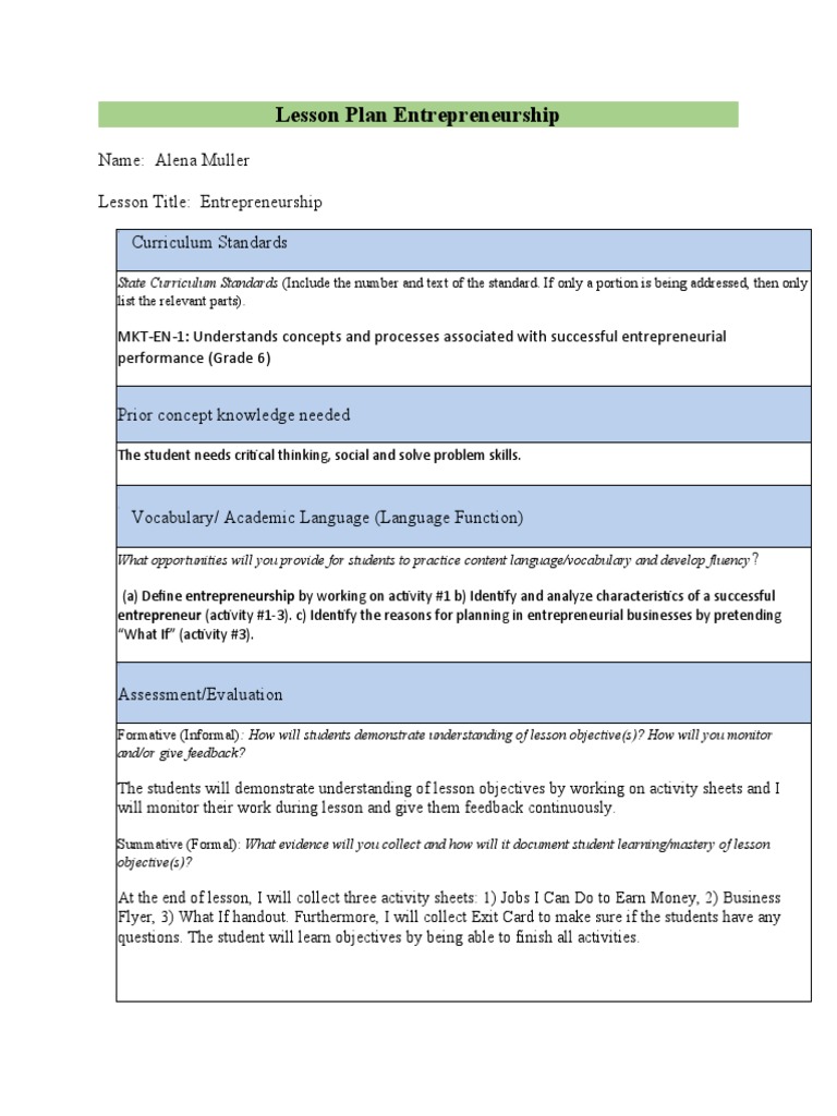 Inquiry Based Lesson Plan Entrepreneurship | PDF | Entrepreneurship ...