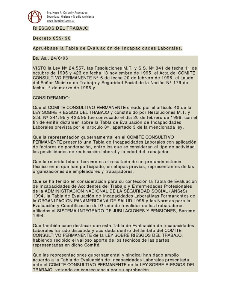 Decreto 659 96 Tabla De Evaluacion De Incapacidades Laborales Pdf