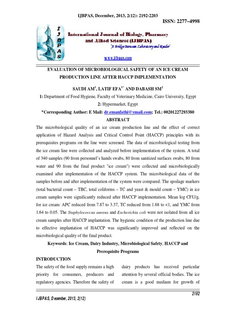 Microbiological Safety in Ice Cream HACCP | PDF | Hazard Analysis And ...