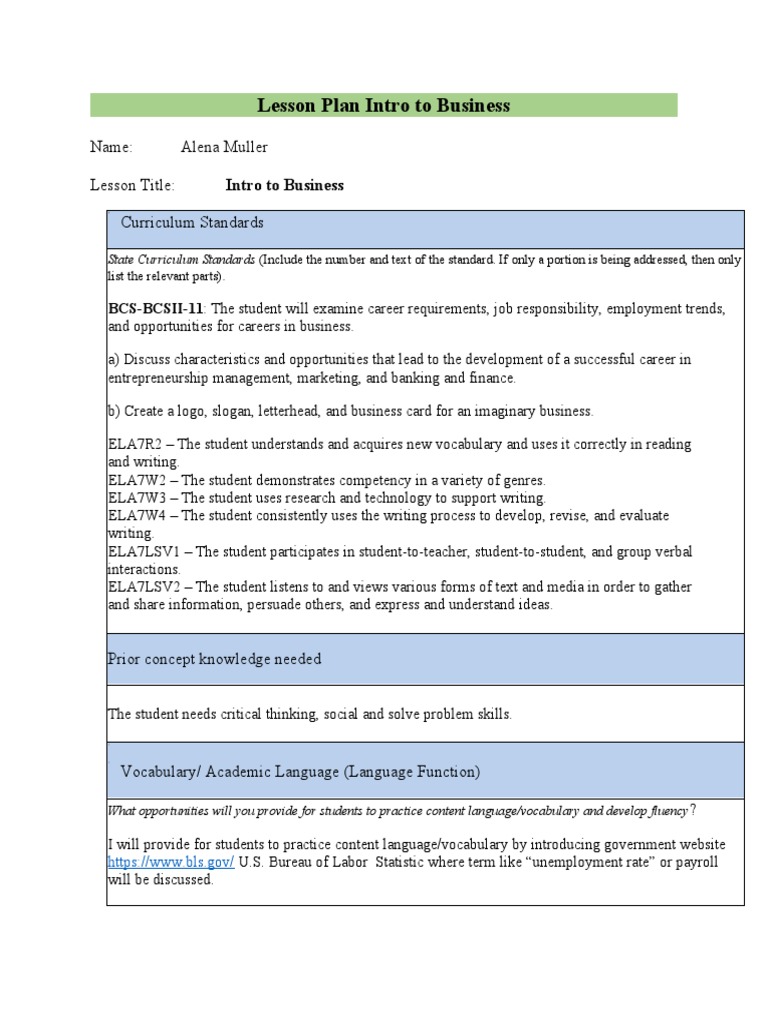 Intro to Business Lesson Plan | PDF | Vocabulary | Curriculum