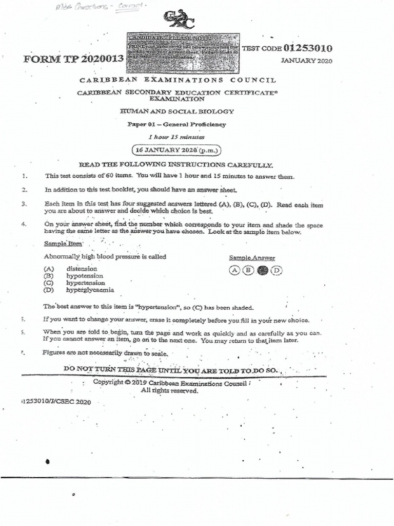 CSEC Human and Social Biology Paper 1 Jan 2020 | PDF