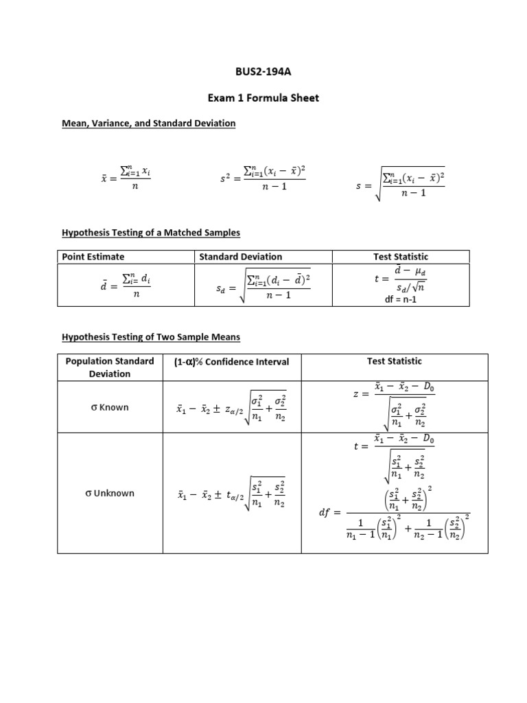 Formula Sheet For Hypothesis Testing | PDF | Standard Error | Errors ...