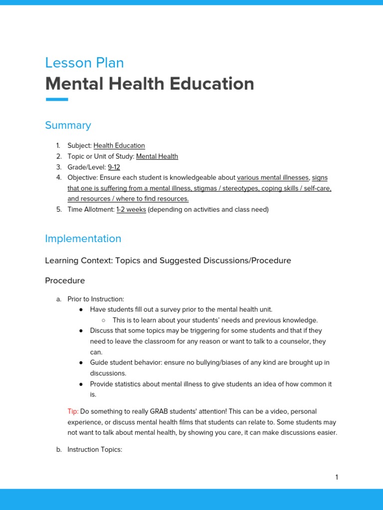High School Mental Health Lesson Plan | PDF | Mental Disorder | Mental ...