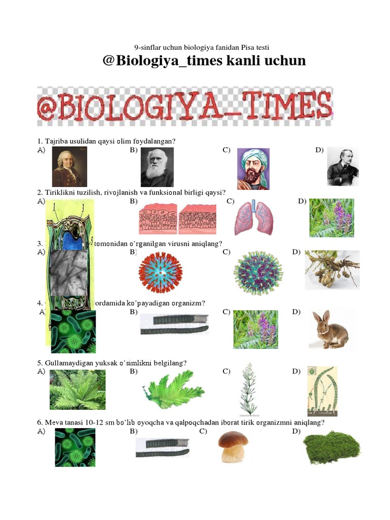 Biologiya - Times 9-Biologiya Rasmli Test | PDF