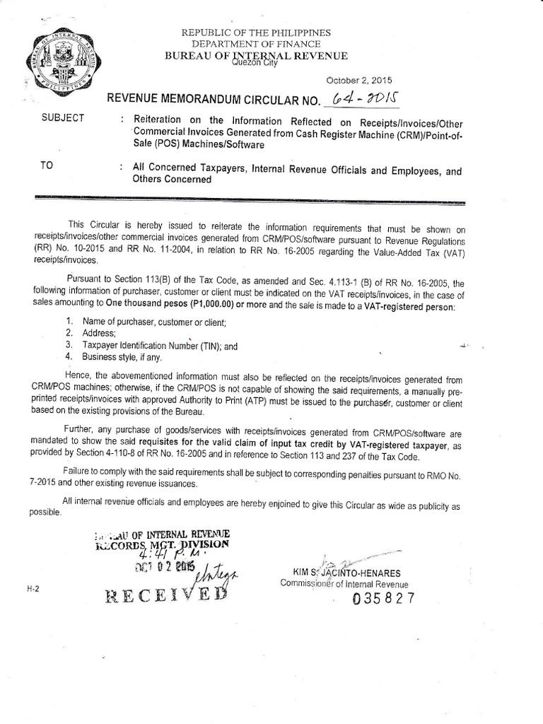 RMC 64-2015 Required Information On Receipts and Invoices | PDF ...