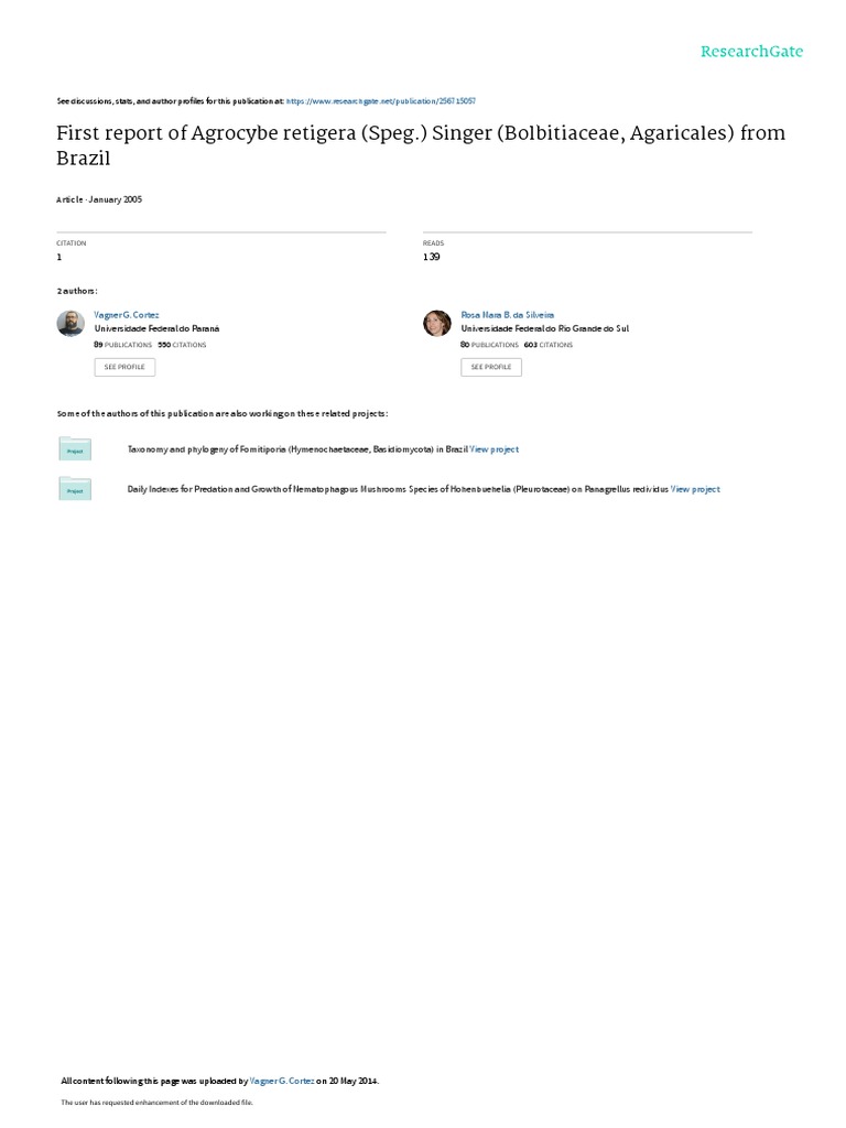 First Report of Agrocybe Retigera (Speg.) Singer (Bolbitiaceae ...