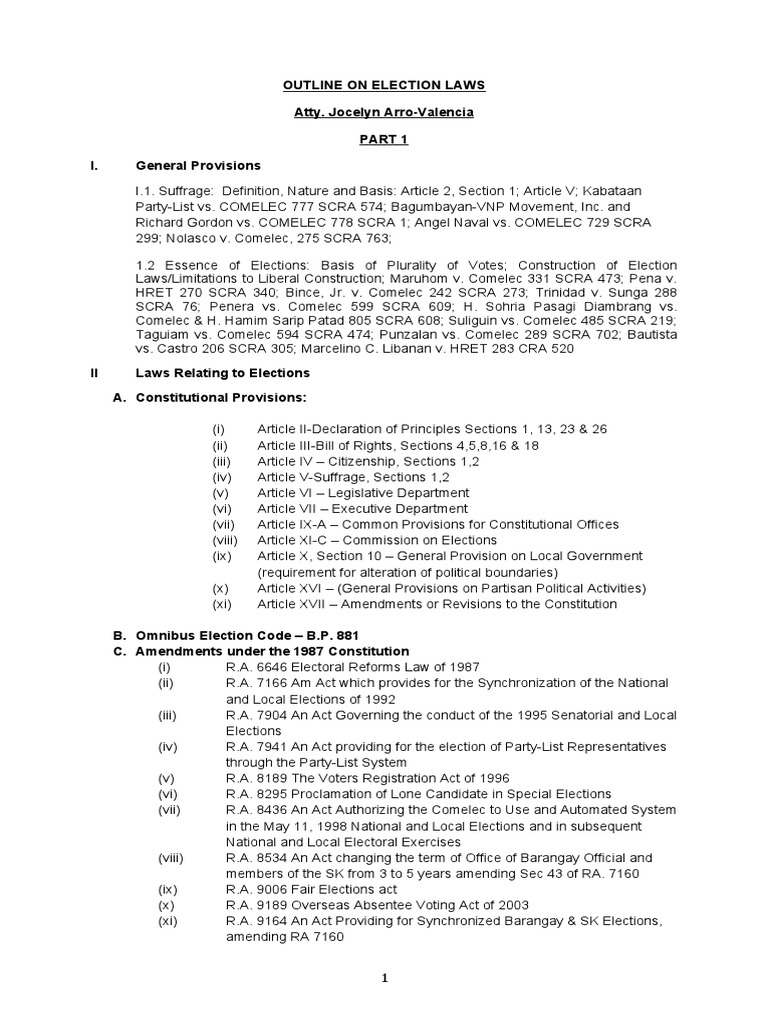 Comprehensive Election Laws Outline | PDF | Commission On Elections ...