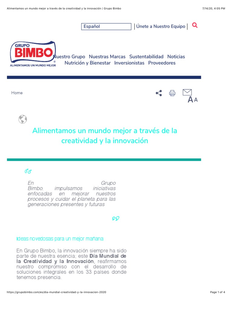 Alimentamos Un Mundo Mejor A Través de La Creatividad y La Innovación - Grupo Bimbo | PDF ...