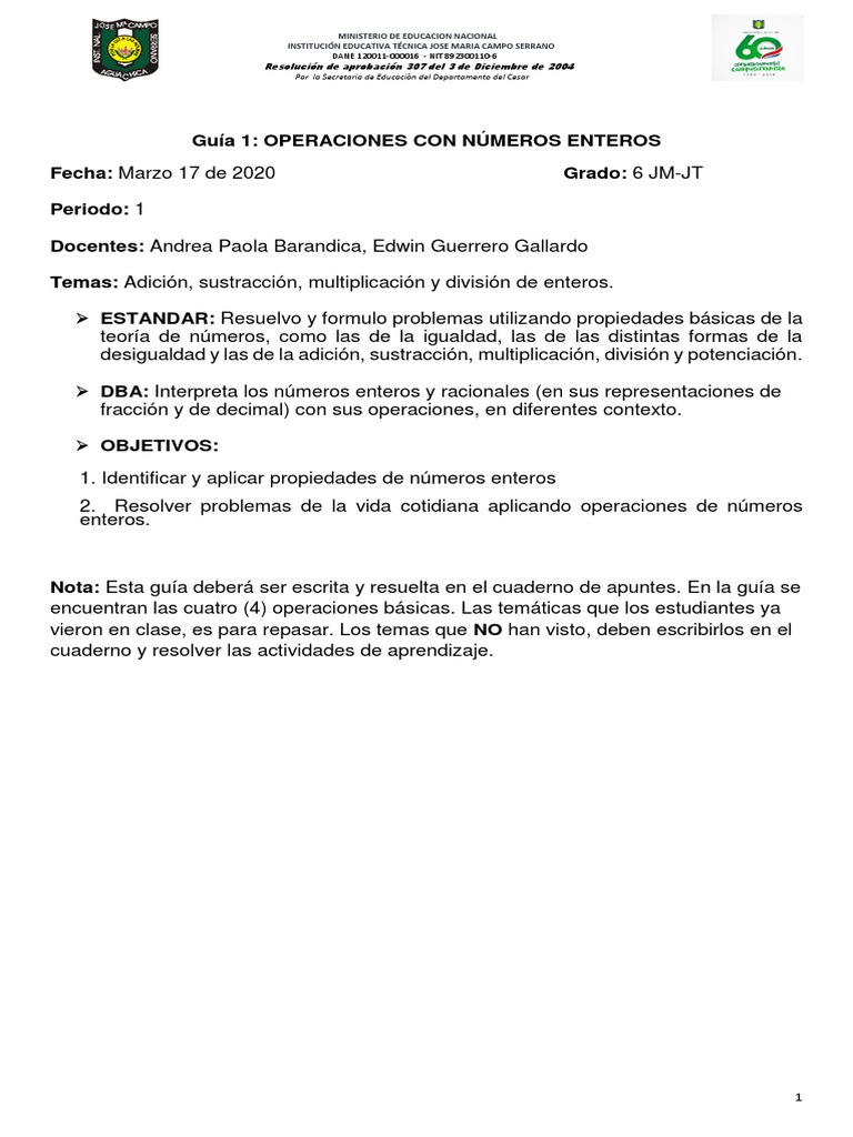 Guia 1 6° Matematicas PDF | PDF | División (Matemáticas) | Entero Guia 1 6° Matematicas PDF | PDF | División (Matemáticas) | Entero
