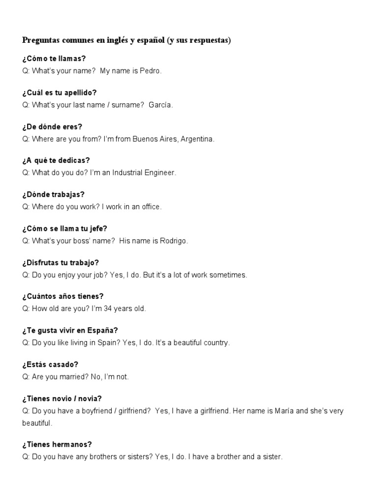 Preguntas Comunes en Inglés y Español (Y Sus Respuestas) : ¿Cómo Te Llamas? | PDF