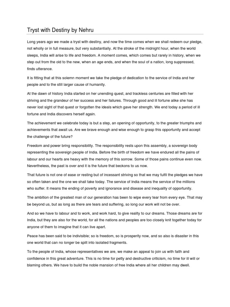 Tryst With Destiny by Nehru | PDF