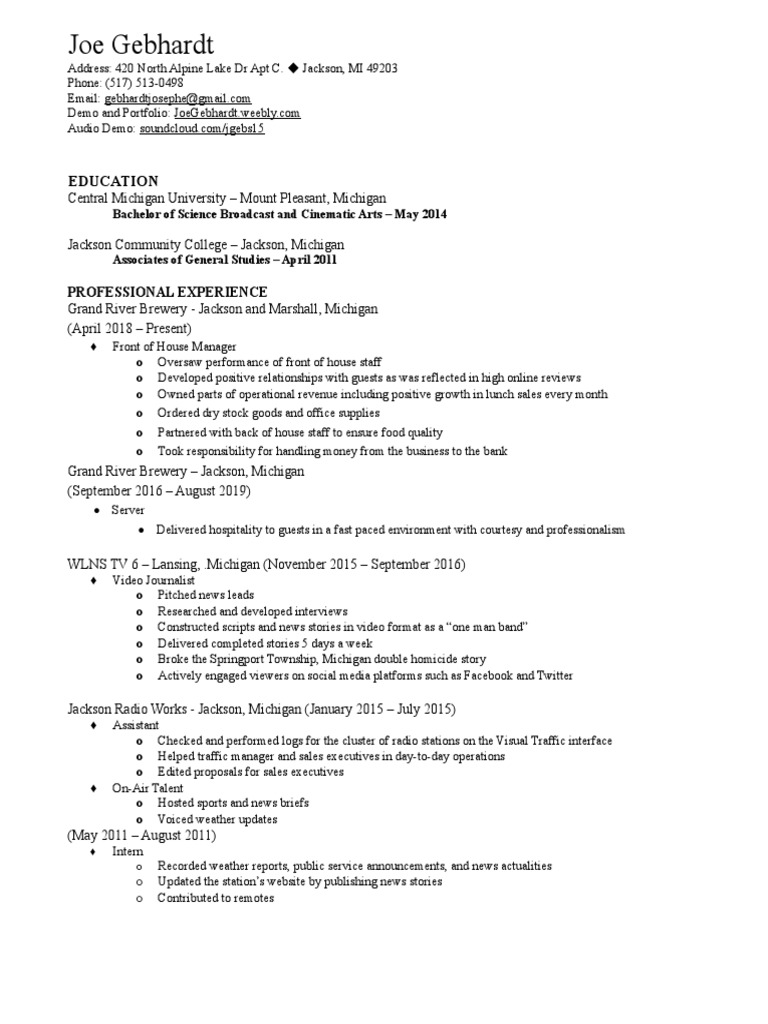 Joe Gebhardt Broadcast Resume | PDF | News Broadcasting | Mass Media