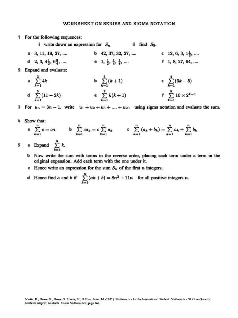 Series and Sigma Notation Worksheet | PDF
