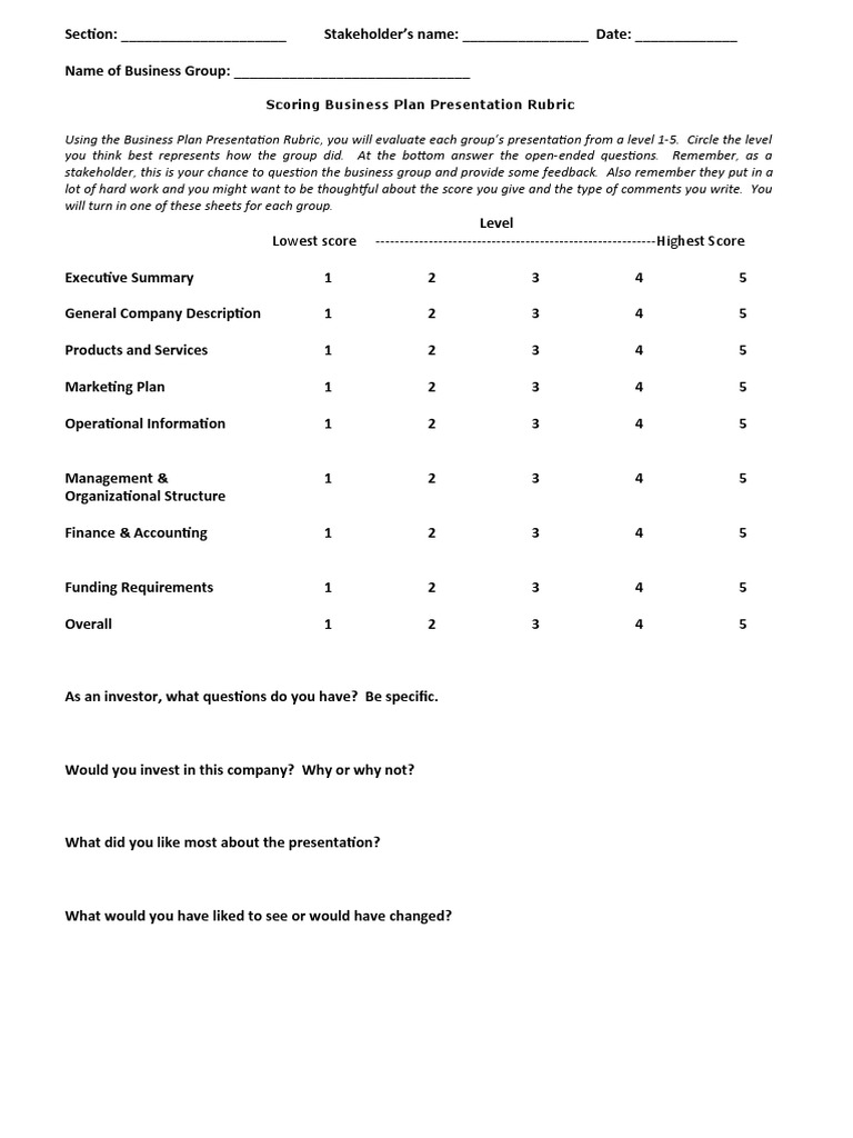 Business Plan - Stakeholder Rubric | PDF