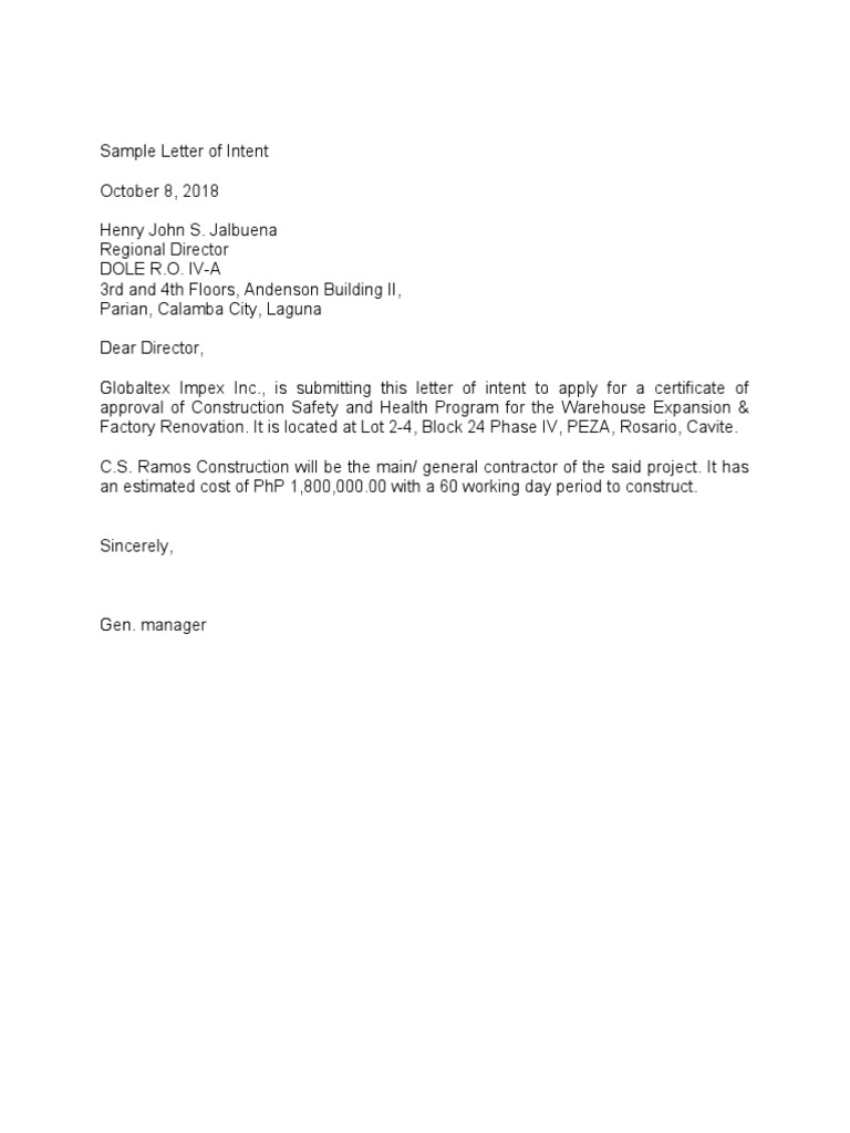 Sample Letter of Intent | PDF