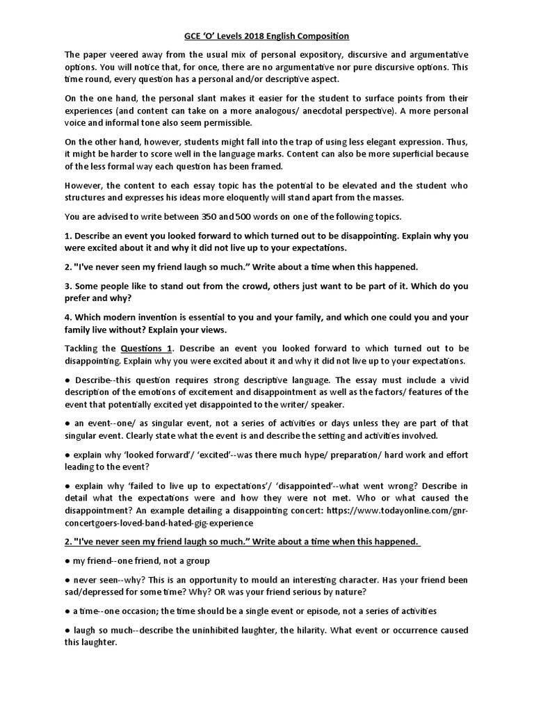 GCE O Level 2018 Compo Questions Handout | PDF | Laughter | Cognition