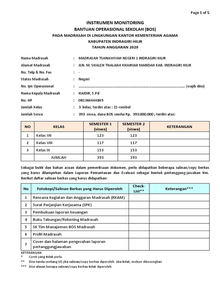 CONTOH INSTRUMEN MONEV BOS 2020 MTSN 1 INHIL | PDF