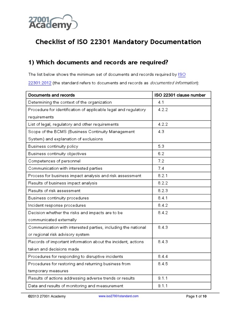 Checklist of ISO 22301 Mandatory Documentation: 1) Which Documents and Records Are Required ...