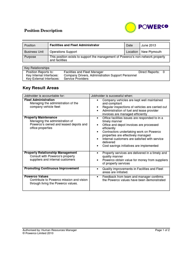 Job Description With KRA - Facilities and Fleet Administrator | PDF ...