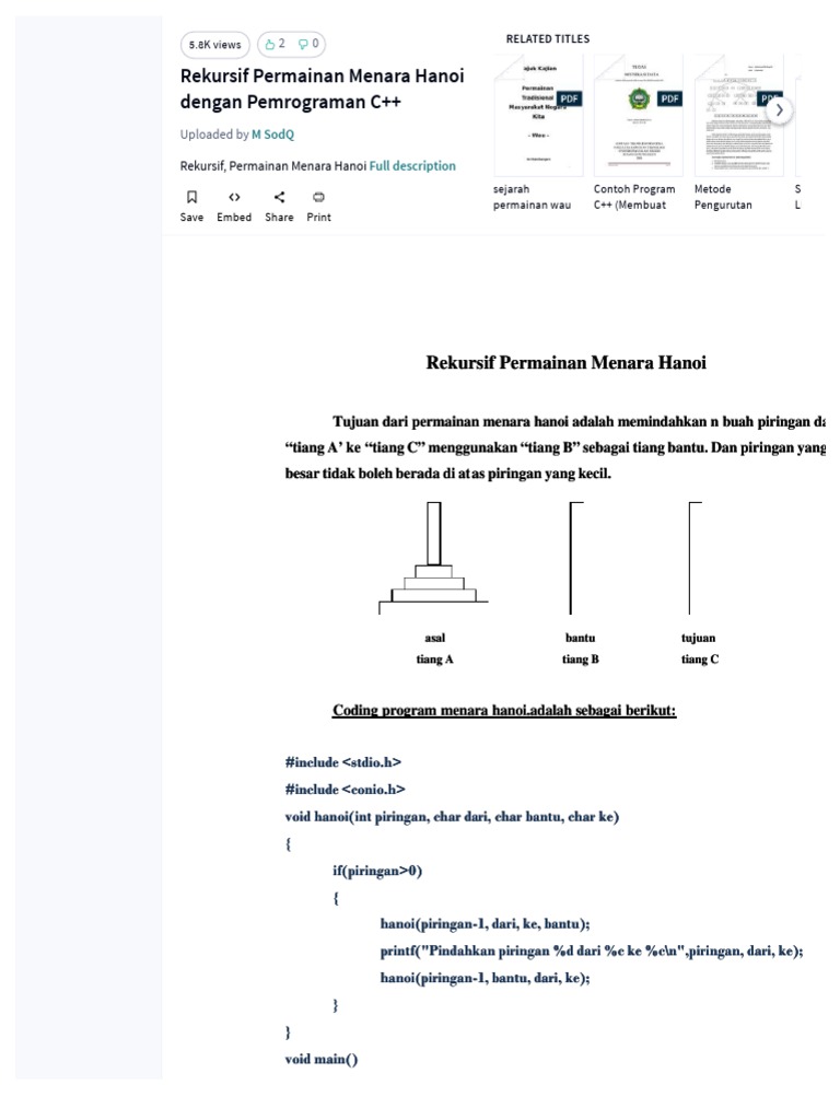 Rekursif Algoritma Menara Hanoi dengan C++ | PDF