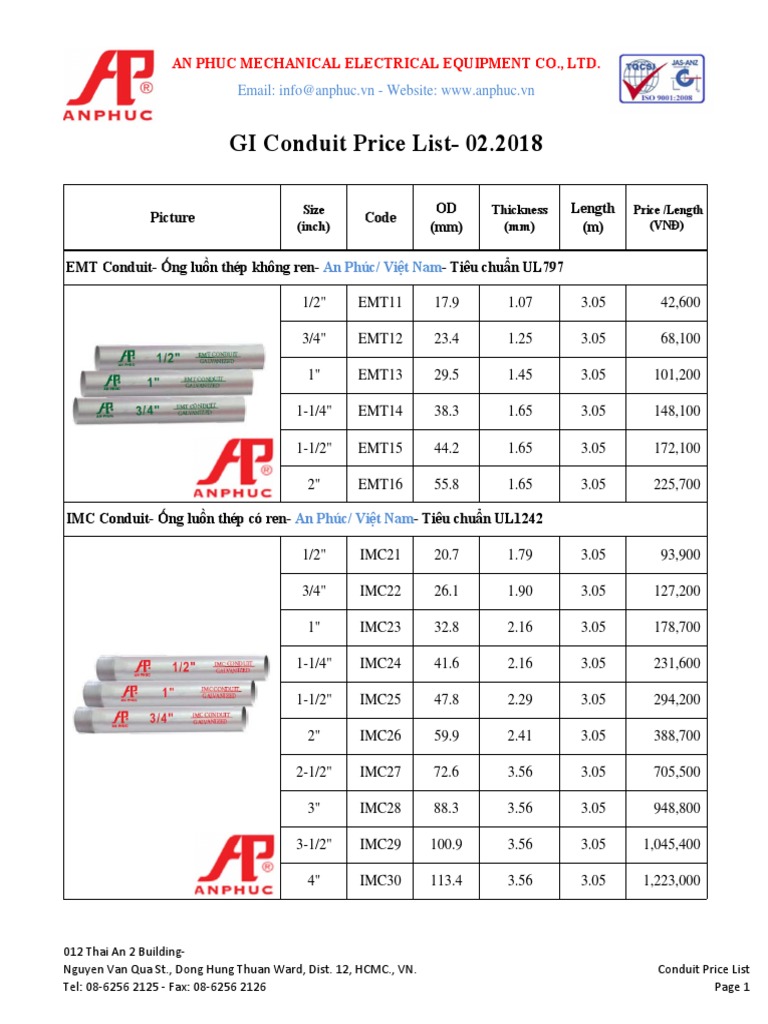An Phuc - GI Conduit Price List 02.2018 | PDF