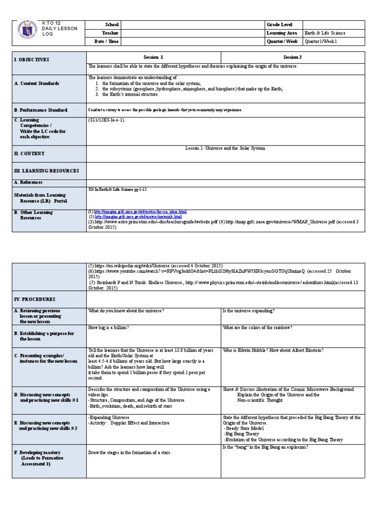 DLL SHS STEM Grade 11 - Earth and Life Science Quarter1 Week1 (Palawan ...