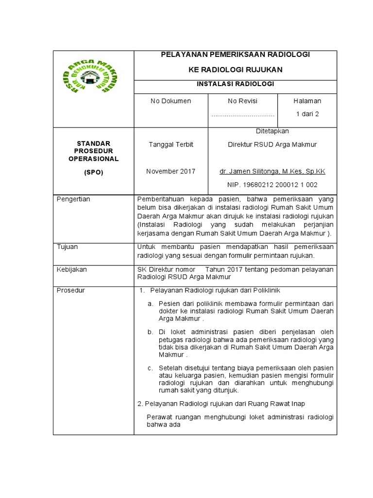 SOP Pemeriksaan Radiologi Ke Radiologi Rujukan | PDF