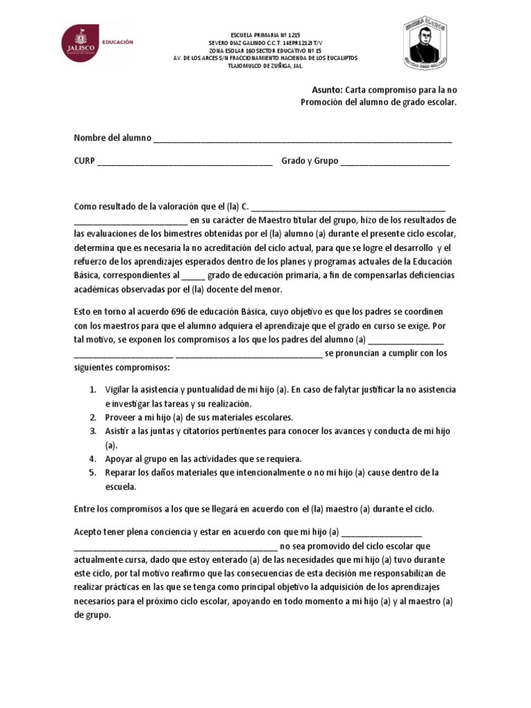 Carta Compromiso de No Promoción Escolar | PDF | Educación primaria ...