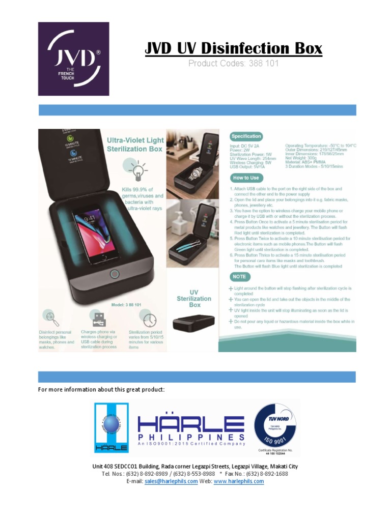 JVD UV Disinfection Box: Product Codes: 388 101 | PDF