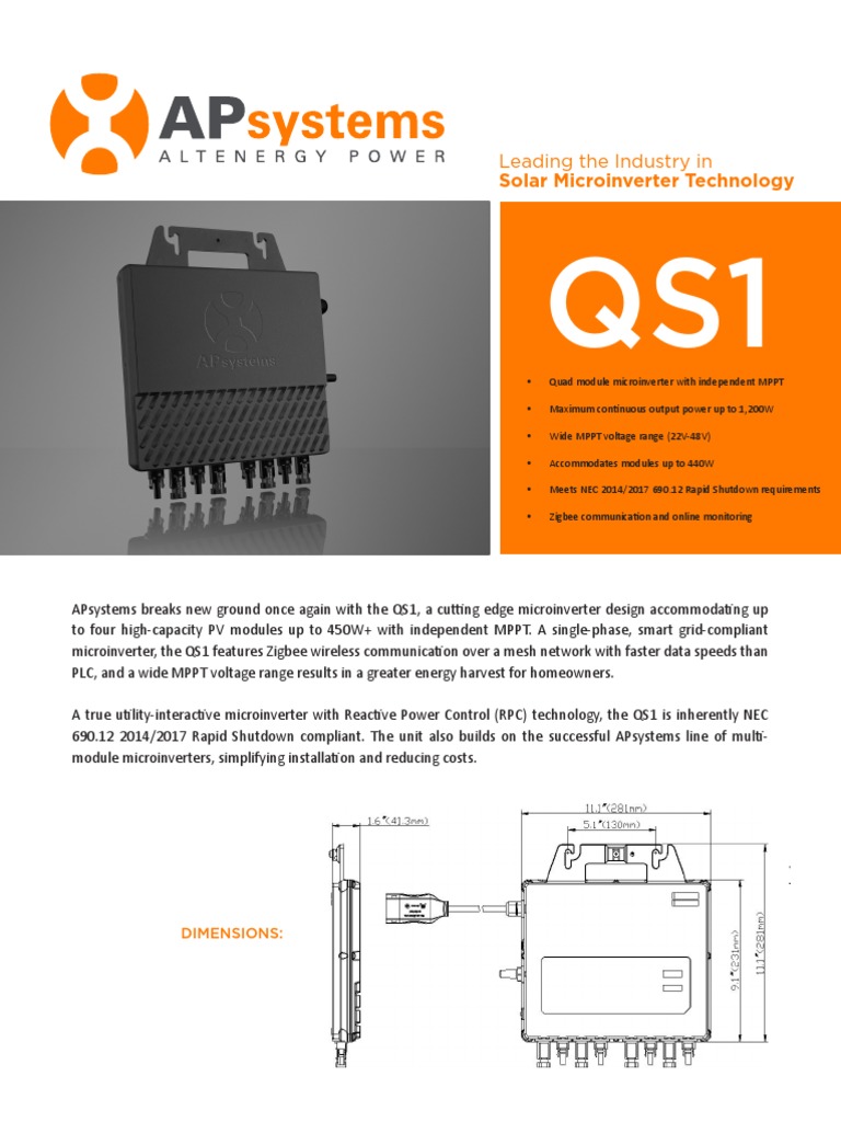 APsystems QS1 Datasheet 2.17.20 | PDF | Photovoltaics | Solar Panel