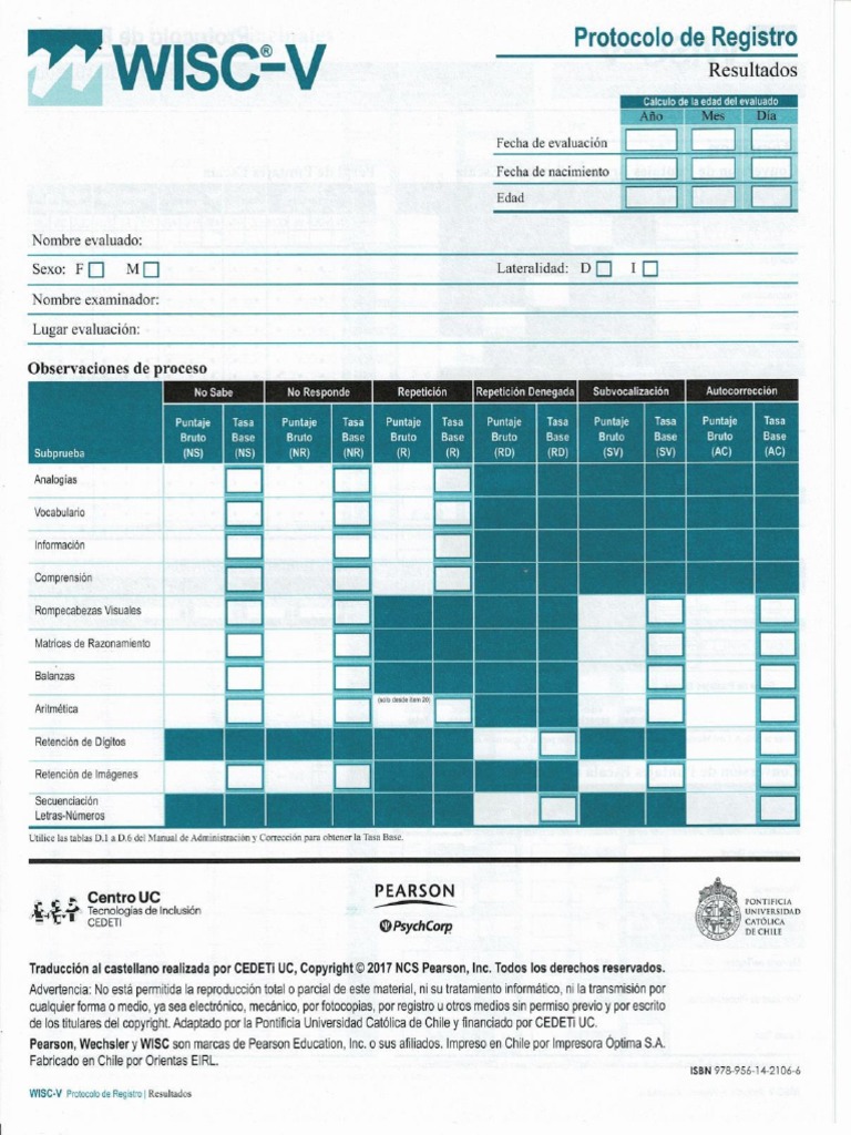 Protocolo de Registro de Resultados Wisc-V PDF | PDF