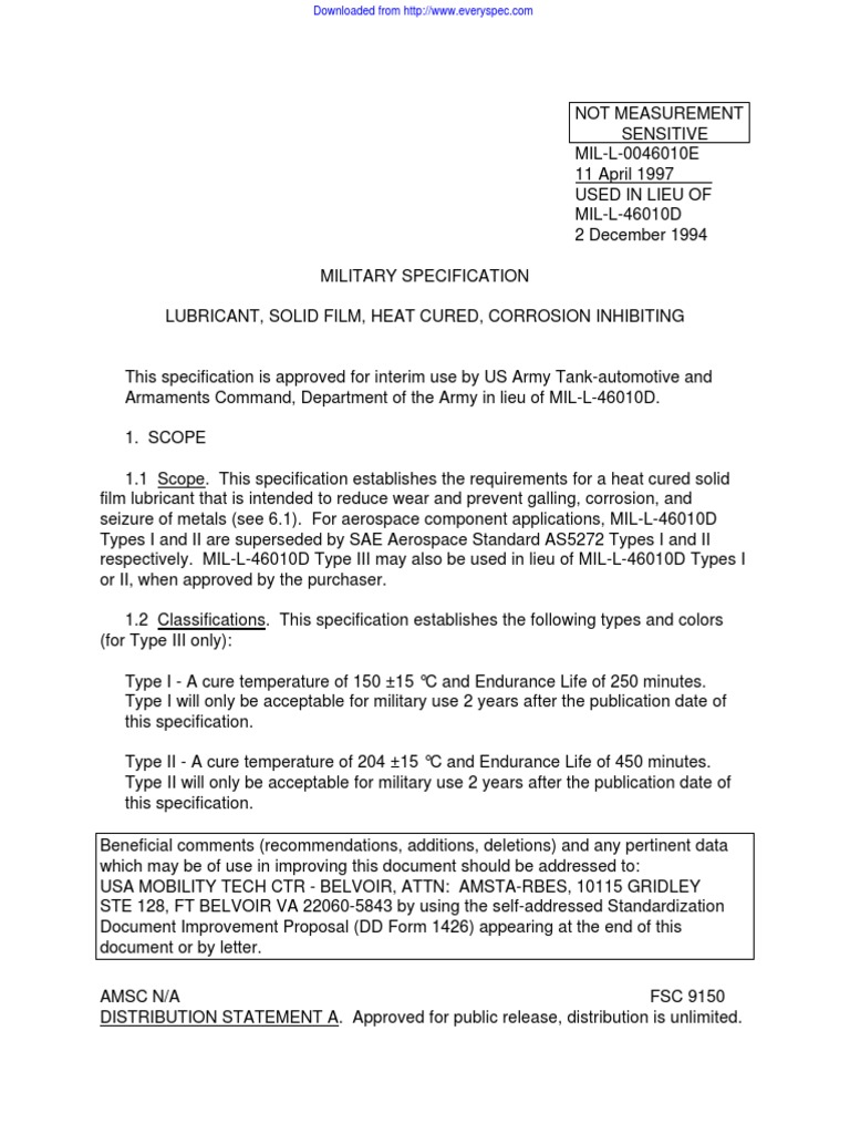 Analysis of Military Specification for Solid Film Lubricant, Heat Cured ...