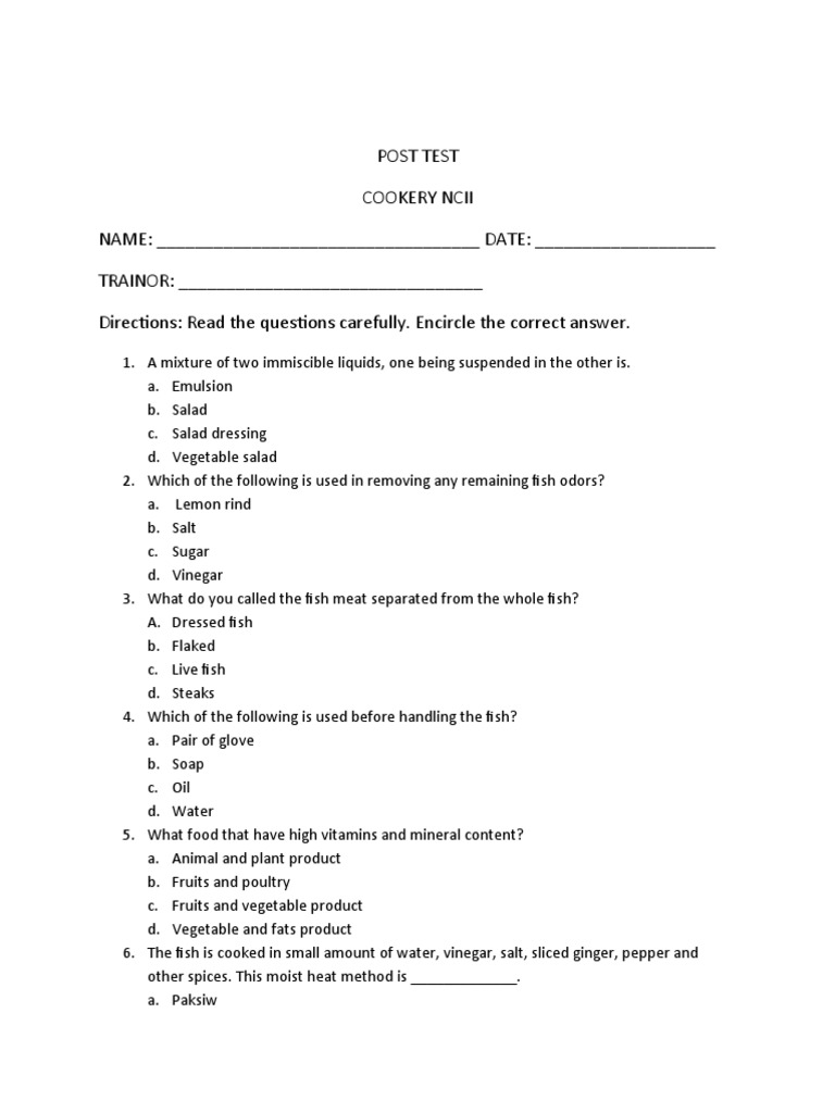 Cookery NCII Post Test | PDF | Soup | Starch