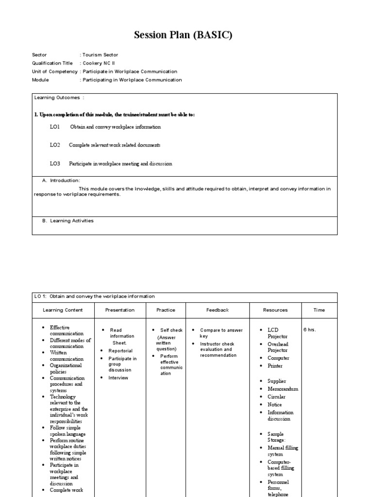 TESDA Session Plan for Cookery NC II | PDF | Occupational Safety And ...