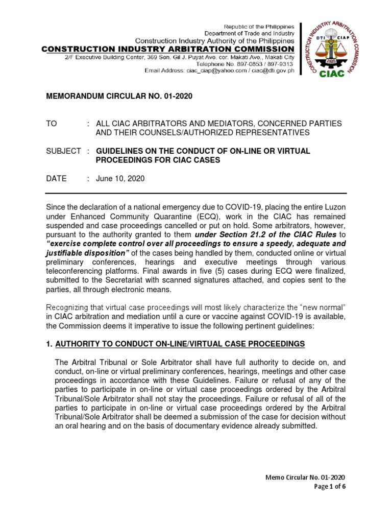 CIAC Memo Circular 01-2020 PDF | PDF | Arbitral Tribunal | Tribunal