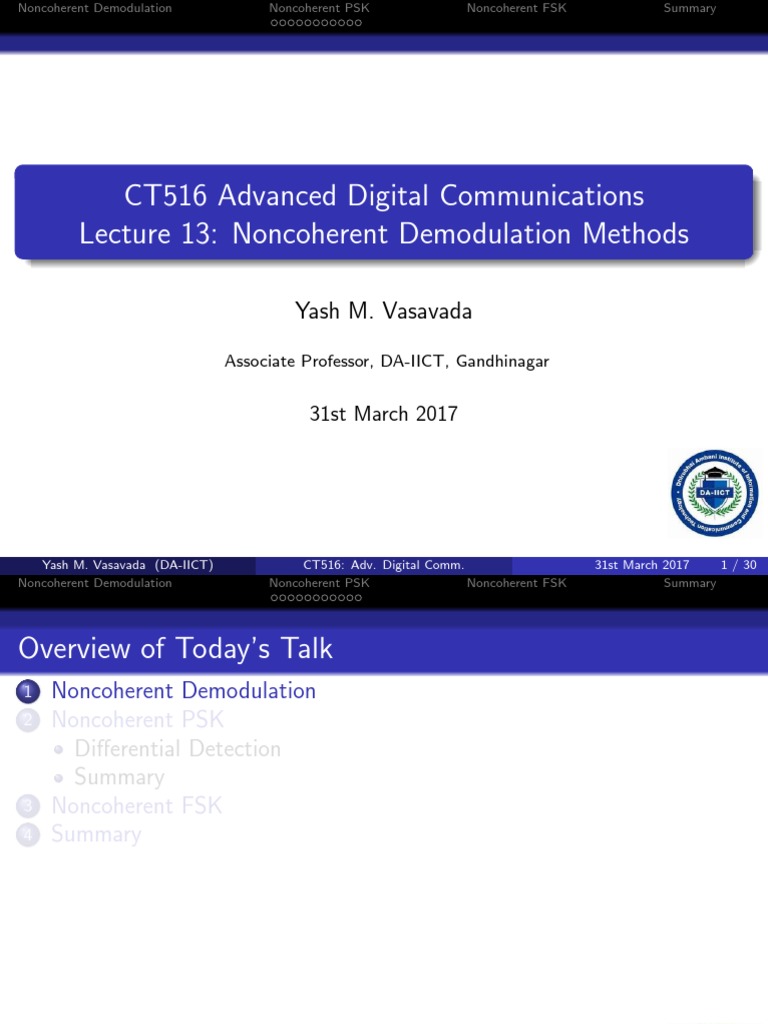 CT516 Advanced Digital Communications Lecture 13: Noncoherent Demodulation Methods | PDF ...