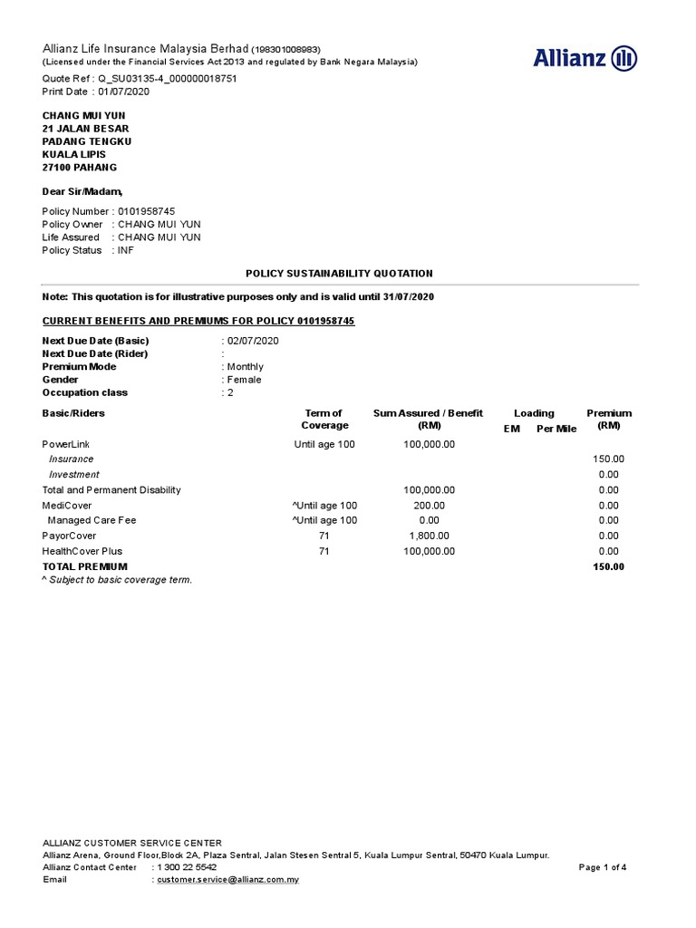 Policy Sustainability Quotation for Ms. Chang Mui Yun Regarding Policy ...