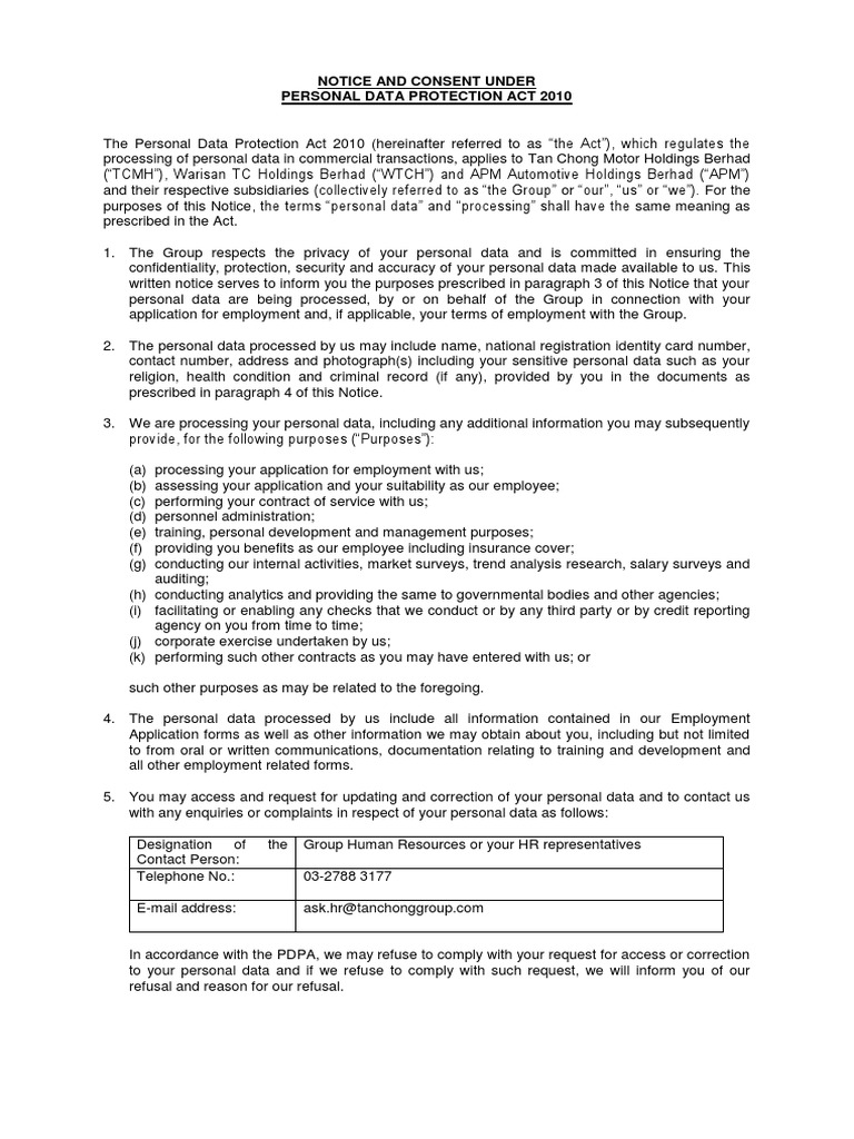 (PDPA) Consent Form 2010 - Amended On 17082017 | PDF | Information ...