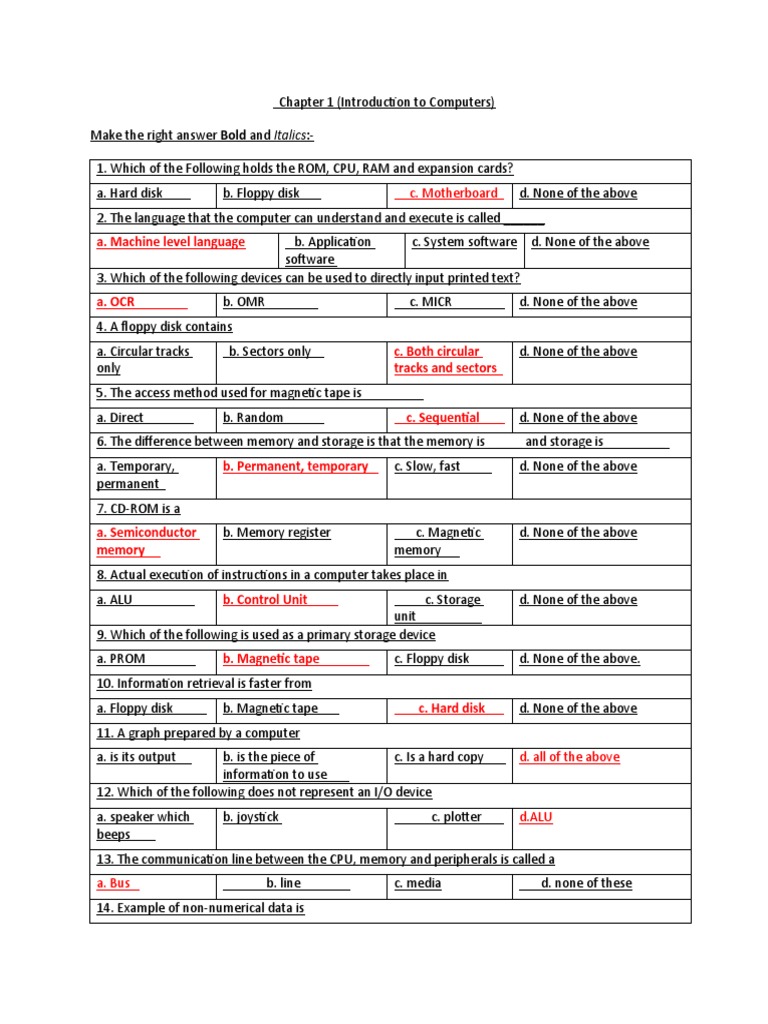Objective Questions From Chapter 1 (Introduction To Computers) | PDF ...