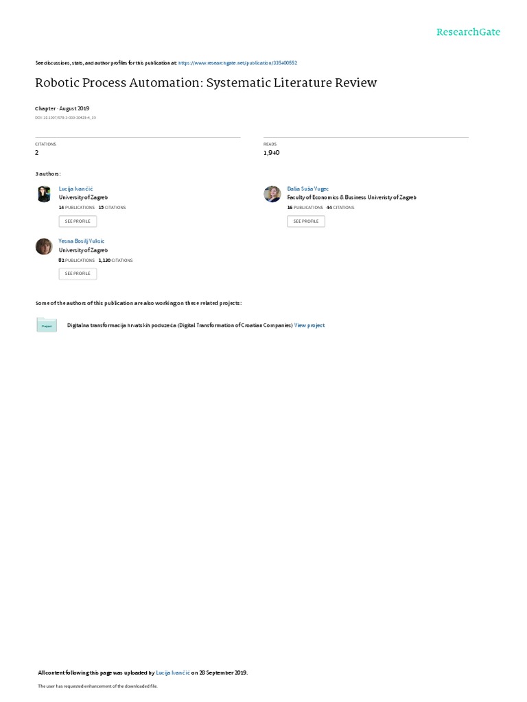 Robotic Process Automation Systematic Literature Review August 2019 Pdf Business Process