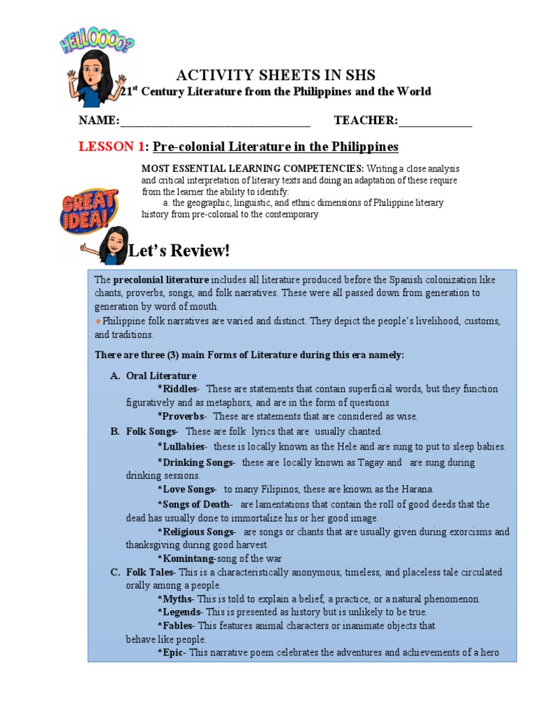 21st Century L1-Pre-colonial Lit | PDF | Epic Poetry | Folklore