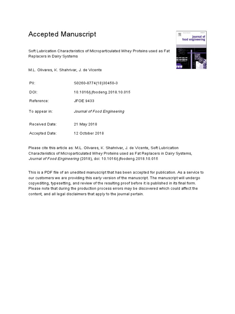 Soft Lubrication Characteristics of Microparticulated Whey Proteins Used As Fat PDF | PDF ...